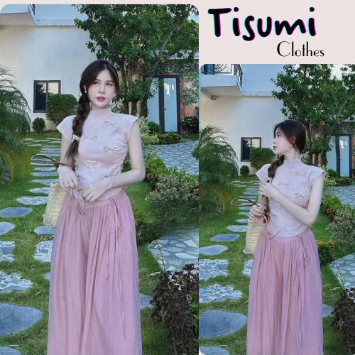 Đồ ngủ nữ set đồ nữ áo thun đính nơ mix quần ống rộng siêu xinh Tisumi ...