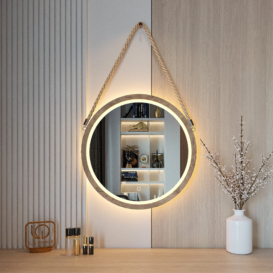 Gương DLQ Tròn Treo Tường Viền Gỗ Dây Thừng Có Led Cảm Ứng 3 Màu Tiện ...