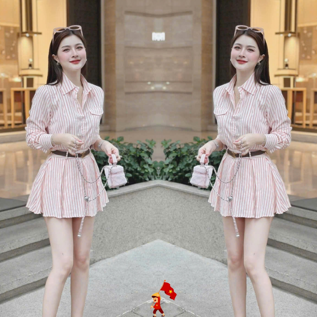 Set đồ 3 món: Áo sơ mi dài tay kate mix chân váy chữ A xếp ly kèm thắt ...