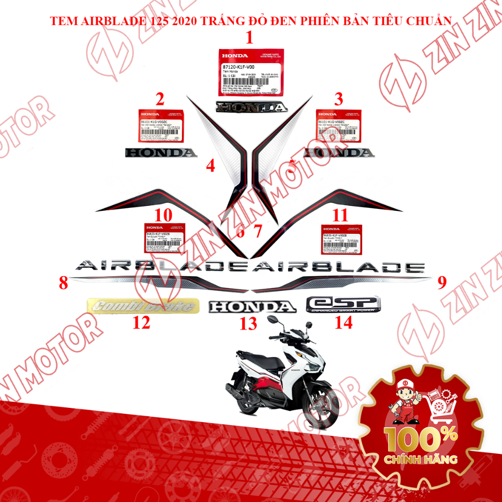 Tem AB 2020 Zin, Tem Rời Xe AirBlade 125 Trắng Đỏ Đen 2020 Phiên Bản ...