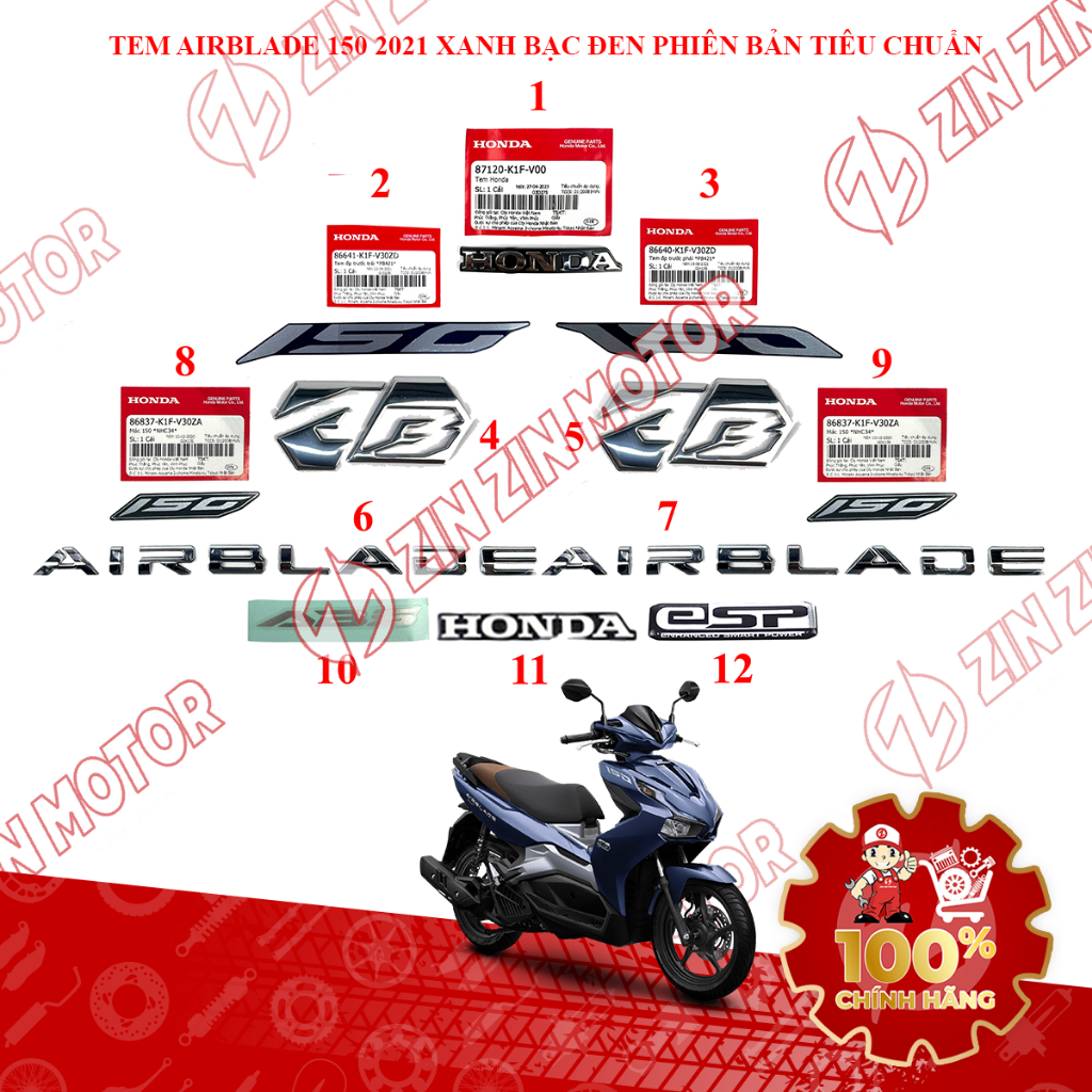Tem AB 2020 Zin, Tem Rời Xe AirBlade 150 Xanh Bạc Đen 2021 Phiên Bản ...