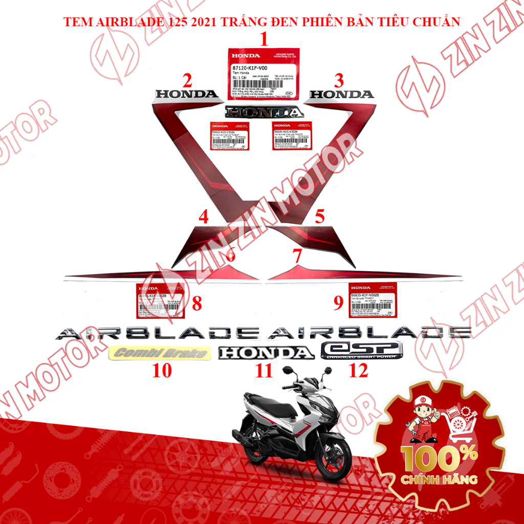 Tem AB 2020 Zin, Tem Rời Xe AirBlade 125 Trắng Đen 2021 Phiên Bản Tiêu ...