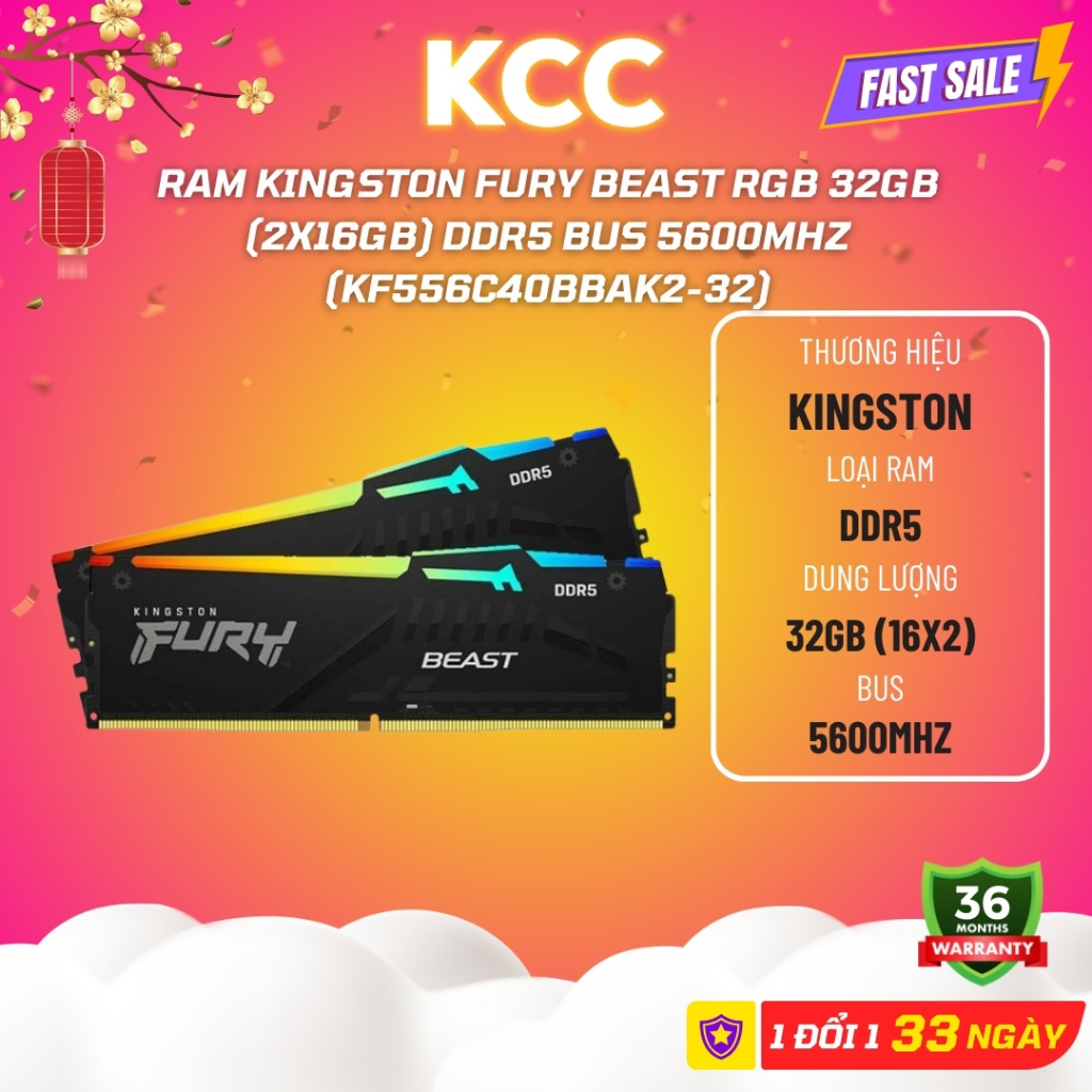 Ram Kingston FURY Beast RGB 32GB (2x16GB) DDR5 BUS 5600 (KF556C40BBAK2-32) - Mới, bảo hành 3 năm ...