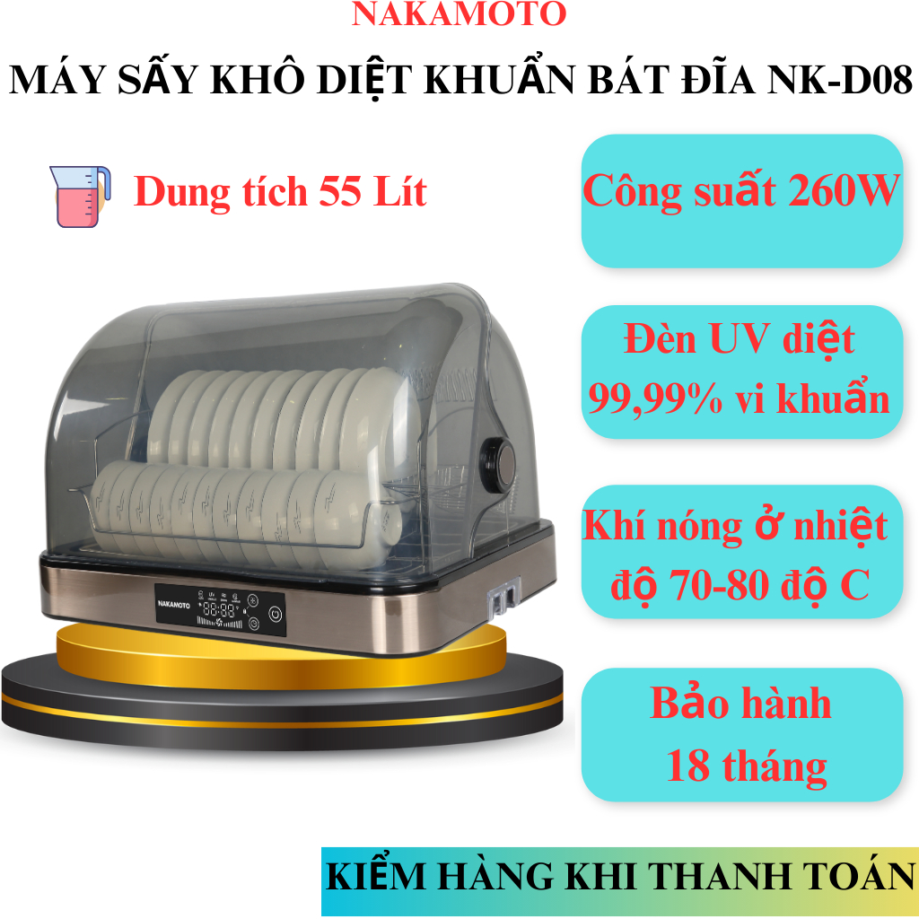MÁY SẤY BÁT ĐĨA NAKAMOTO NK-D08 2 in 1 sấy khô và diệt khuẩn đèn UV diệt 99,9% vi khuẩn và nấm ...