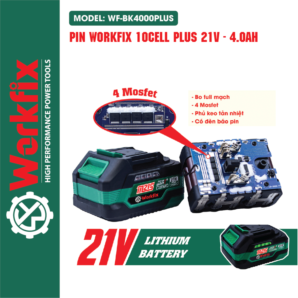 Pin máy Khoan, PIn Workfix 4Ah PLUS, thế hệ mới, Dung lượng chuẩn 4Ah ...