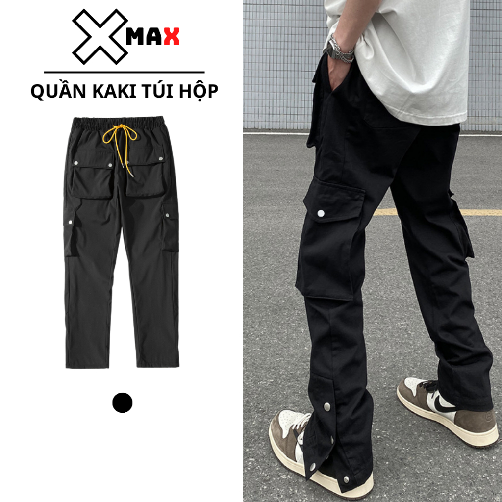 Quần kaki túi hộp nam ống rộng gấu xẻ cúc bấm XMAX cạp chun dáng đứng ...