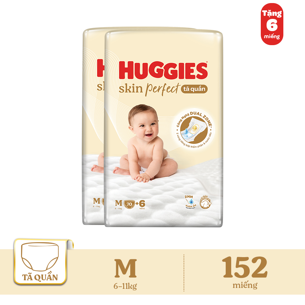 Combo 2 Tã quần Huggies Skin Perfect Super Jumbo M70+6/ L60+6/ XL52+6/ XXL48+6 miếng với 2 vùng ...