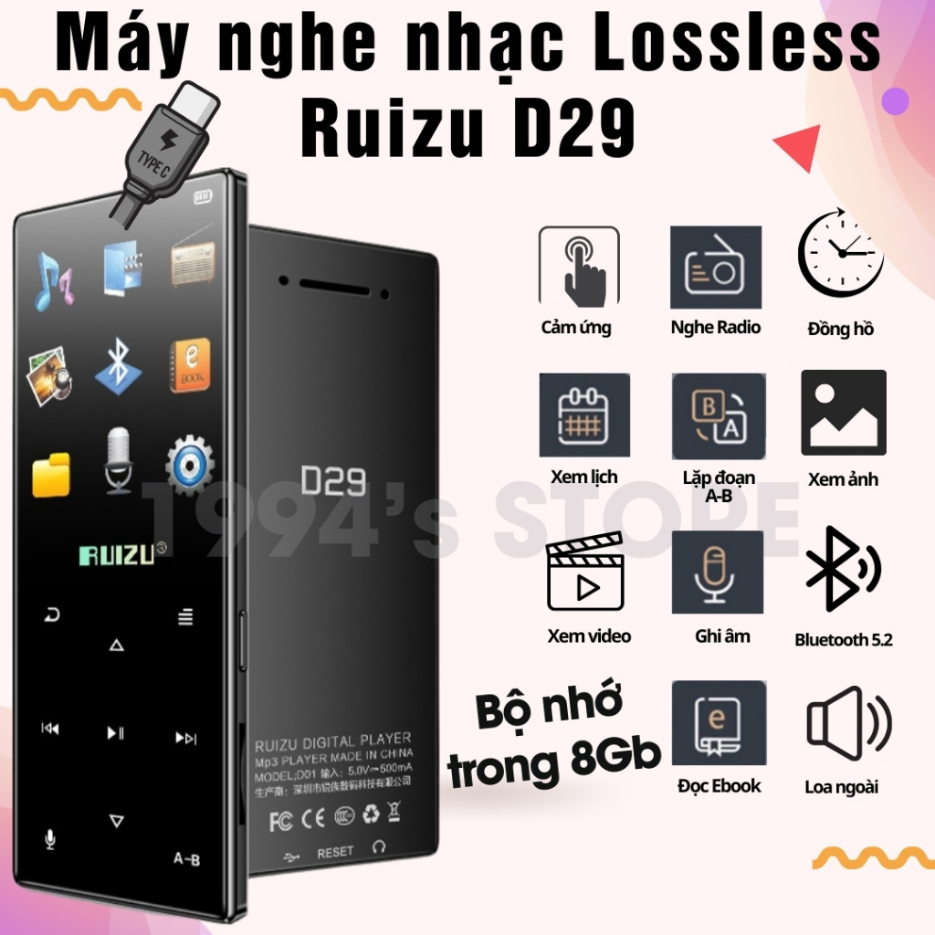 [FREESHIP] Bản 2025 RUIZU D29 - Máy Nghe Nhạc Bluetooth 5.2- Cảm ứng - Bộ nhớ 8Gb - Loa ngoài ...