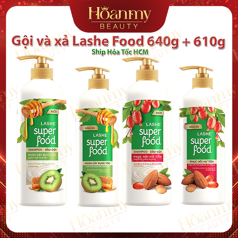 Dầu Gội LASHE SUPERFOOD 640G + Dầu Xả LASHE SUPERFOOD 550G Phục Hồi Hư ...