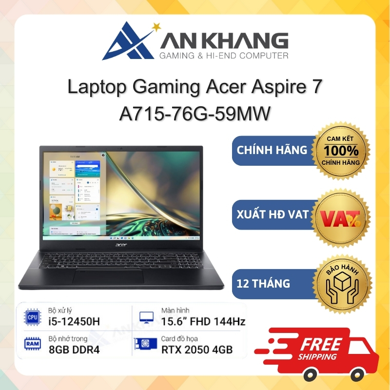 Laptop Gaming Acer Aspire 7 A715-76G-59MW (i5-12450H, 8GD4, 512SSD, 15.6"FHD 144Hz IPS 4GD6 ...