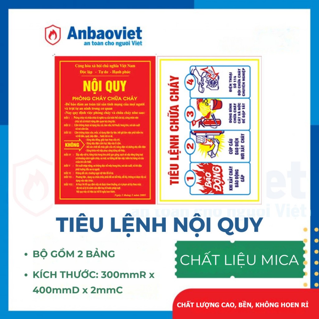 Bộ tiêu lệnh, nội quy PCCC bằng mica chất lượng cao, bền, không hoen gỉ ...