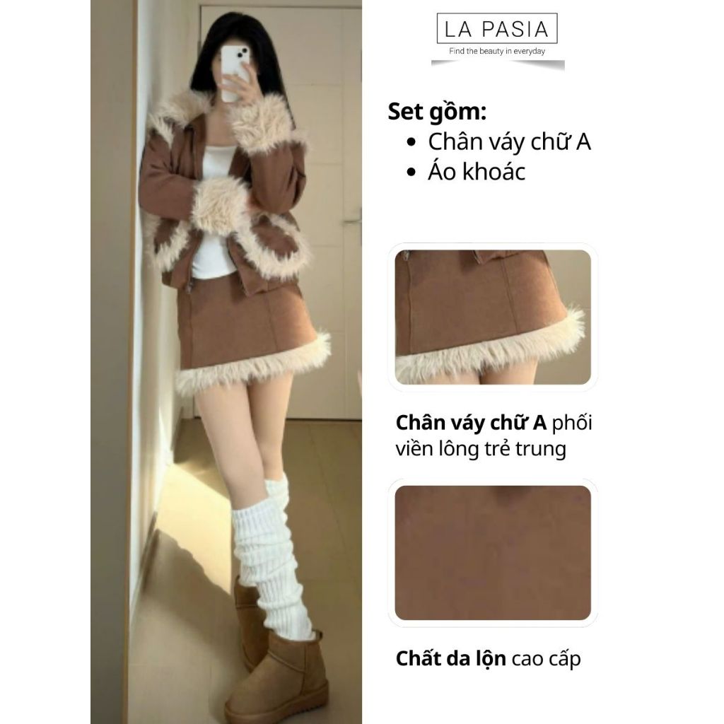 Set Váy Da Lộn Kèm Áo Khoác Phối Viền Lông Sang Chảnh LAPASIA LP96 | Shopee Việt Nam