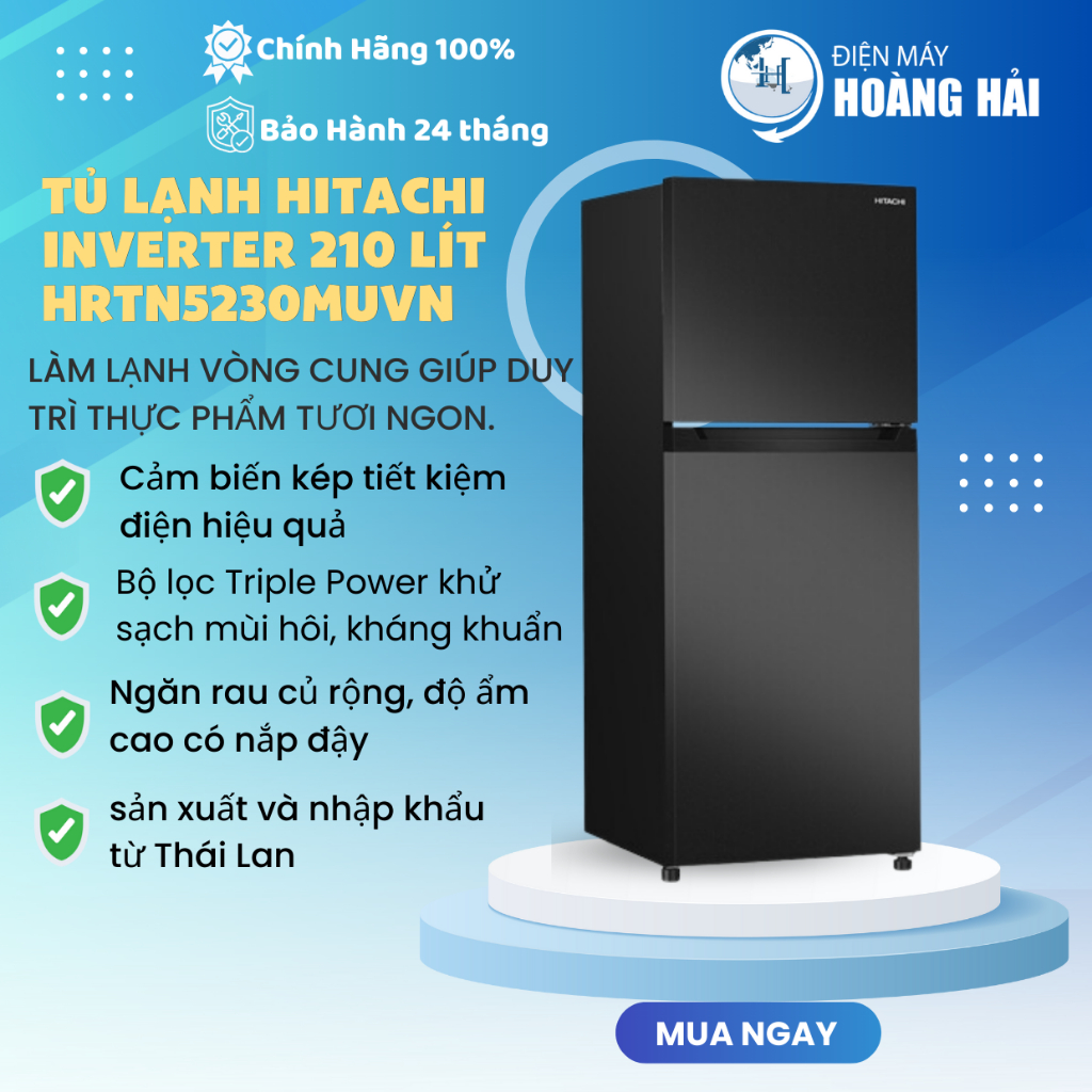 HRTN5230MUVN Tủ lạnh Hitachi Inverter 210 lít HRTN5230MUVN, chuông báo cửa, ngăn chuyển đổi rau ...