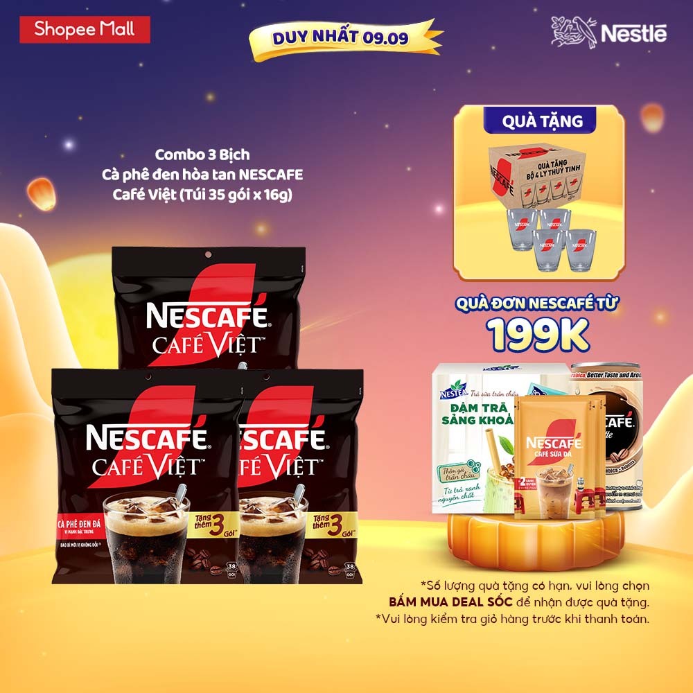 [Tặng Bộ 4 ly thủy tinh Nescafe] Combo 3 Bịch Cà phê đen hòa tan ...