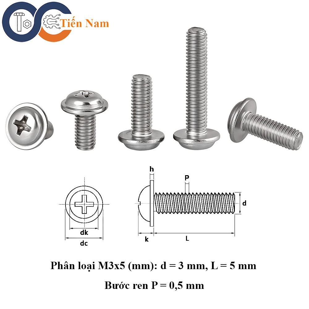 Vít bake liền long đen - vòng đệm phẳng đầu cầu thân bu lông inox 304 PWM M2 M2,5 M3 M4 M5 M6 ...