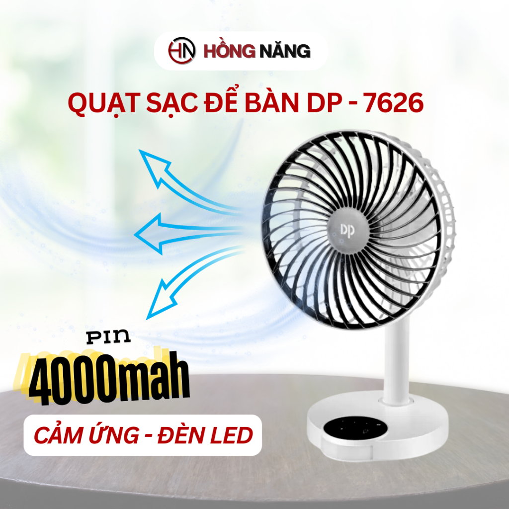 Quạt sạc tích điện DP - 7626 tích hợp đèn LED chiếu sáng - gió rất mạnh ...