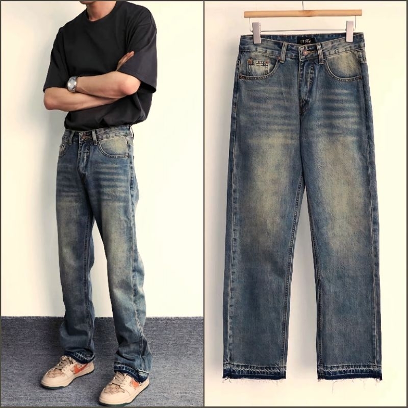 Quần jean ống suông xanh đậm tua lai | Shopee Việt Nam