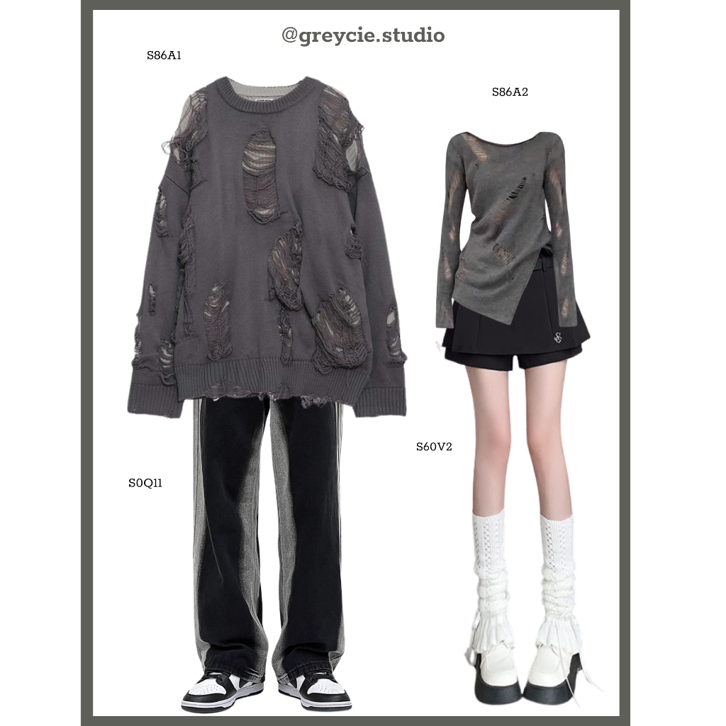 GREYCIE Set đồ đôi đồ couple áo len quần jeans ống rộng áo len xám quần ...