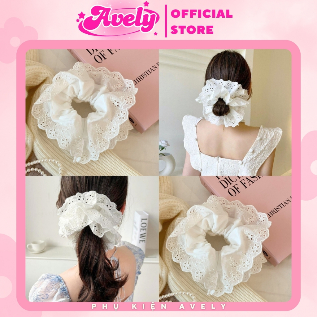 Buộc tóc Scrunchies ren trắng big size, Dây buộc tóc ren trắng to phong cách tiểu thư - AVELY ...