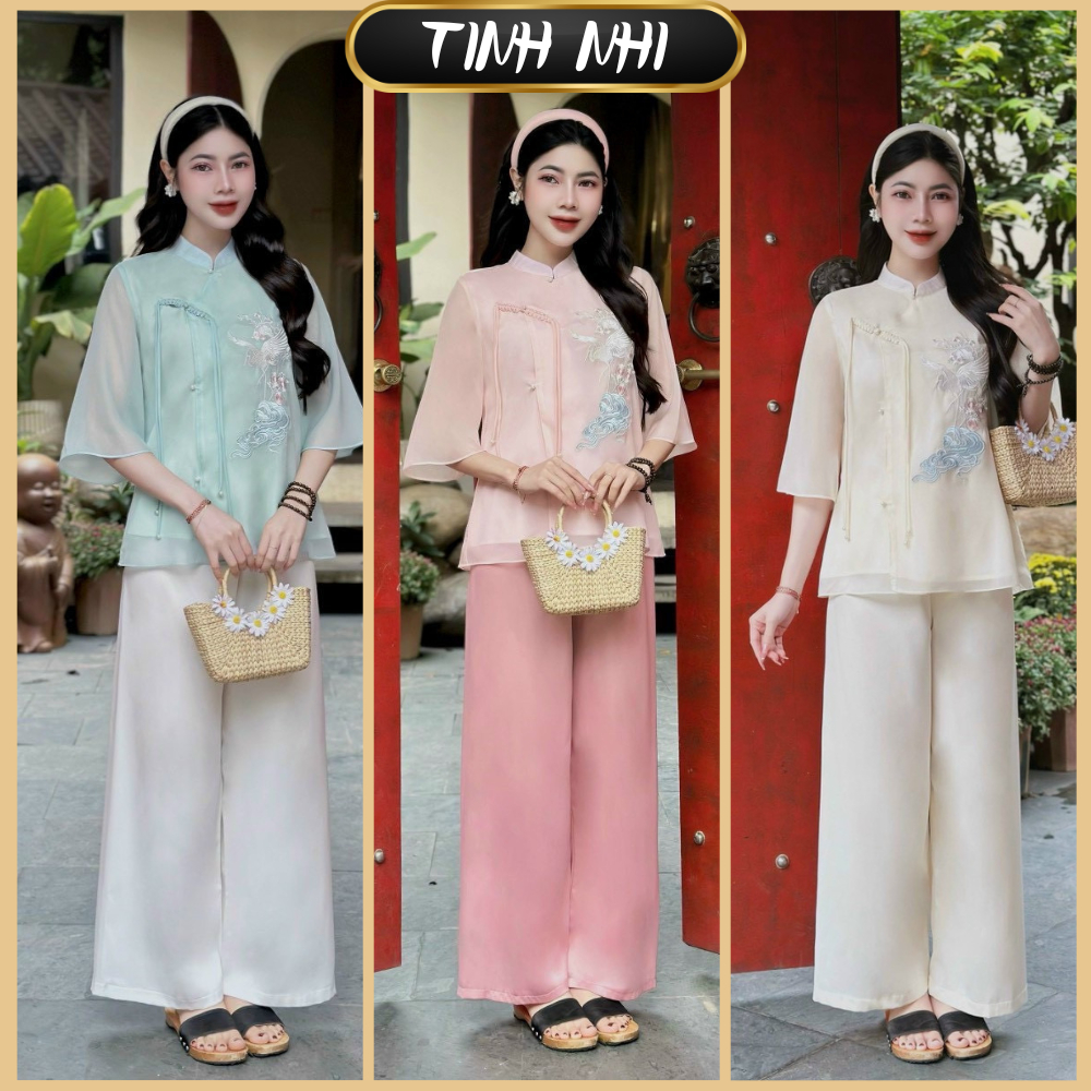 Đồ lam đi chùa thêu chim hạc TINH NHI thiết kế thời thượng và thanh ...