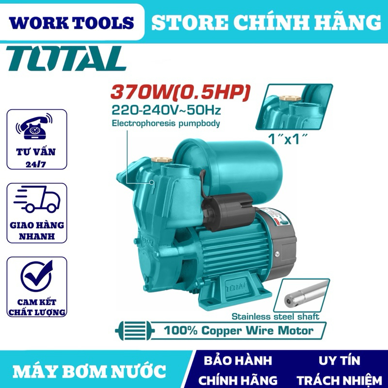 TOTAL Máy Bơm Nước 370W 0.5HP MÔ TƠ DÂY ĐỒNG TWP93706 (Cam kết Chính ...
