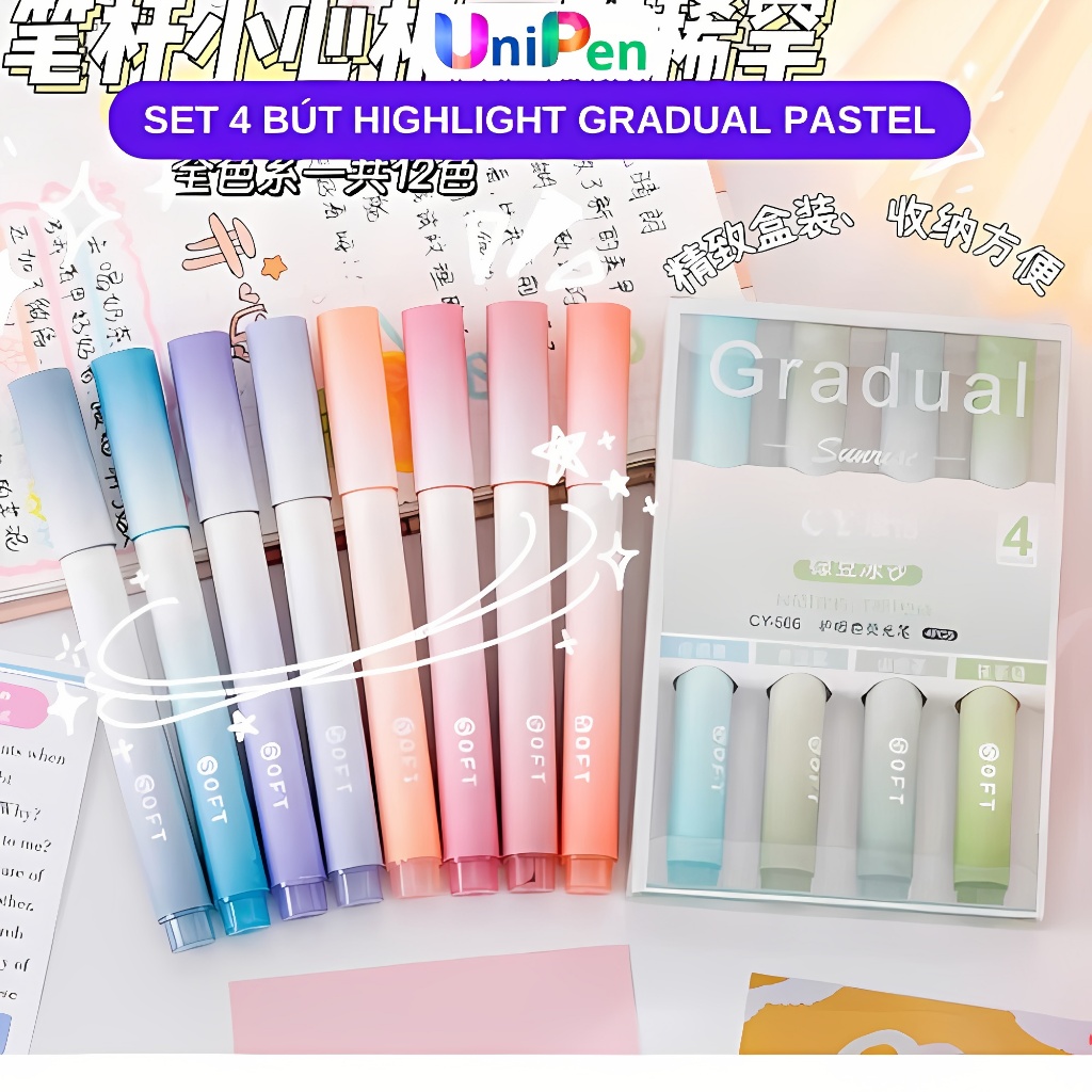 Hộp 4 Bút Highlight Gradual Màu Pastel , Bút Dạ Quang Nhớ Dòng Tiện Lợi ...