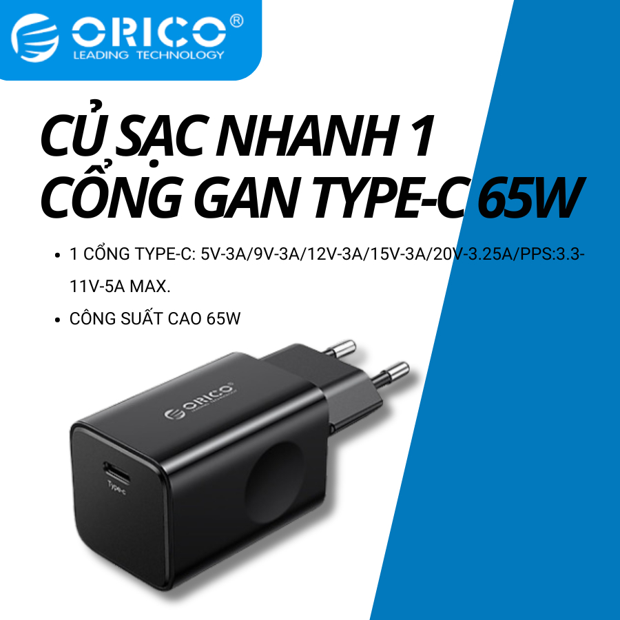 Củ Sạc Nhanh 1 Cổng GaN Type-C 65W ORICO Dành Cho Điện Thoại/Máy Tính Bảng/Laptop PV65-C Hàng ...