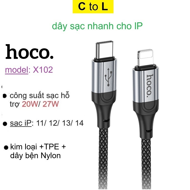 Dây cáp sạc tự ngắt (Type C to L) Hoco X102 sạc nhanh 20W/ 27W cho 11/ 12/ 13/ 14 Pro Max ...