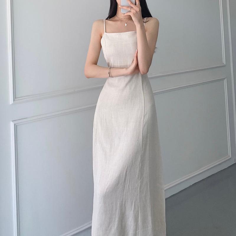(Aheun studio) Đầm linen 2 dây đi biển dáng dài liền thân thắt eo màu trơn dành cho nữ (váy dài ...