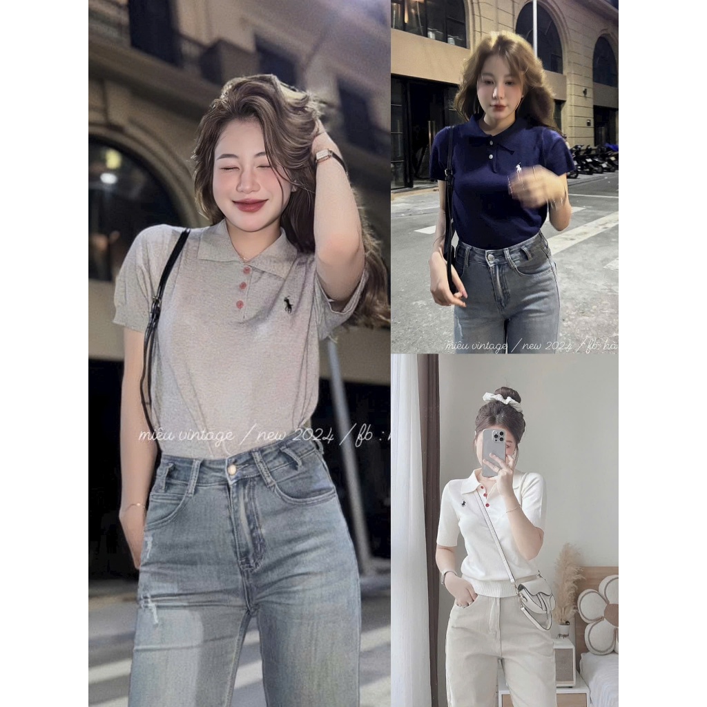 Áo len nữ polo dệt kim hình ngựa thêu nhỏ phối cúc màu, áo polo chất ...