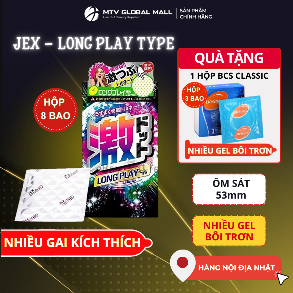 Bao Cao Su JEX Long Play Type Nhật Bản Nhiều Gân Gai Gel Nóng, Siêu Mỏng Ôm Sát Size 52mm Hộp 8 ...