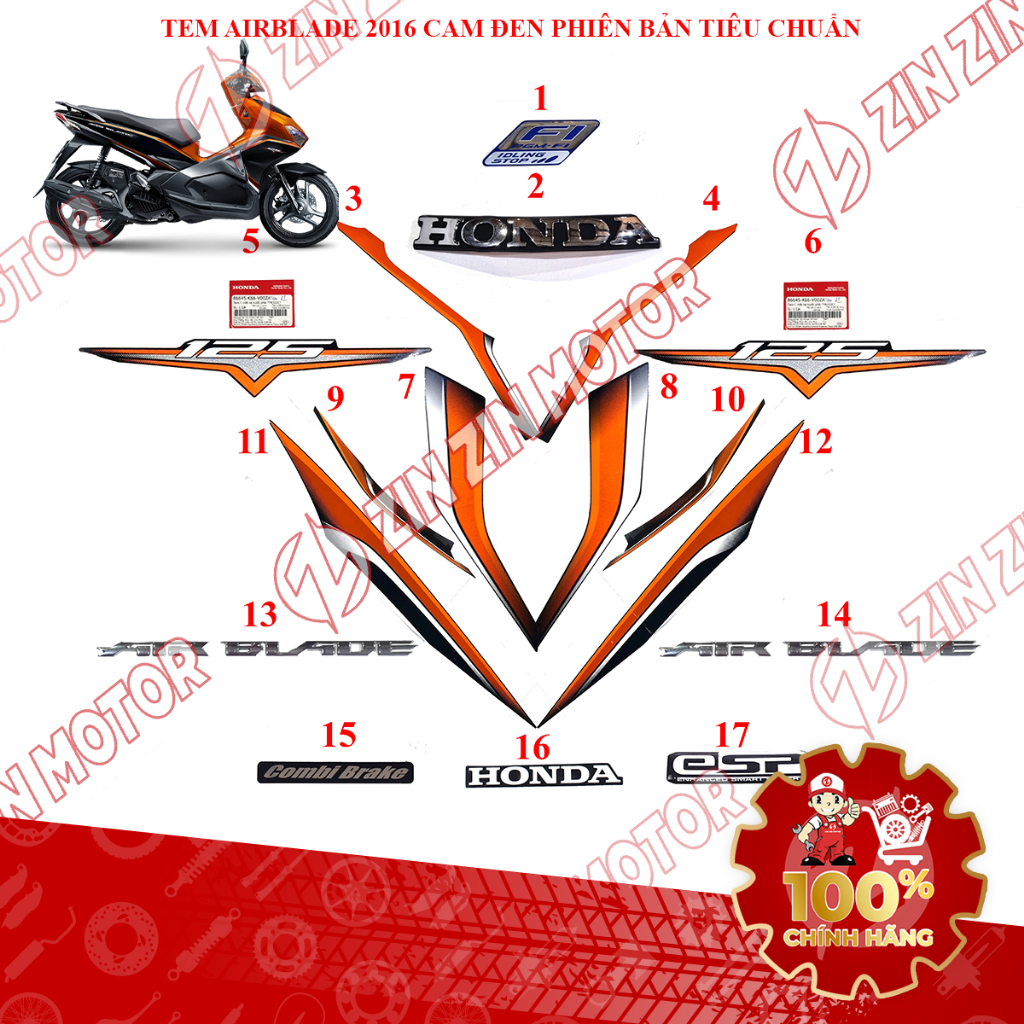 Tem AB 2016, Tem Rời Xe Air Blade 2016 Cam Đen Phiên Bản Tiêu Chuẩn Zin ...
