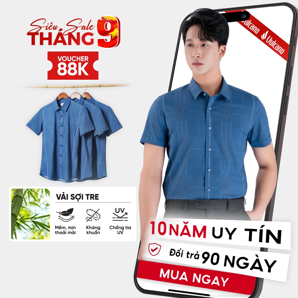 Áo sơ mi ngắn tay nam Vulcano họa tiết kẻ màu xanh chất liệu sợi tre ...