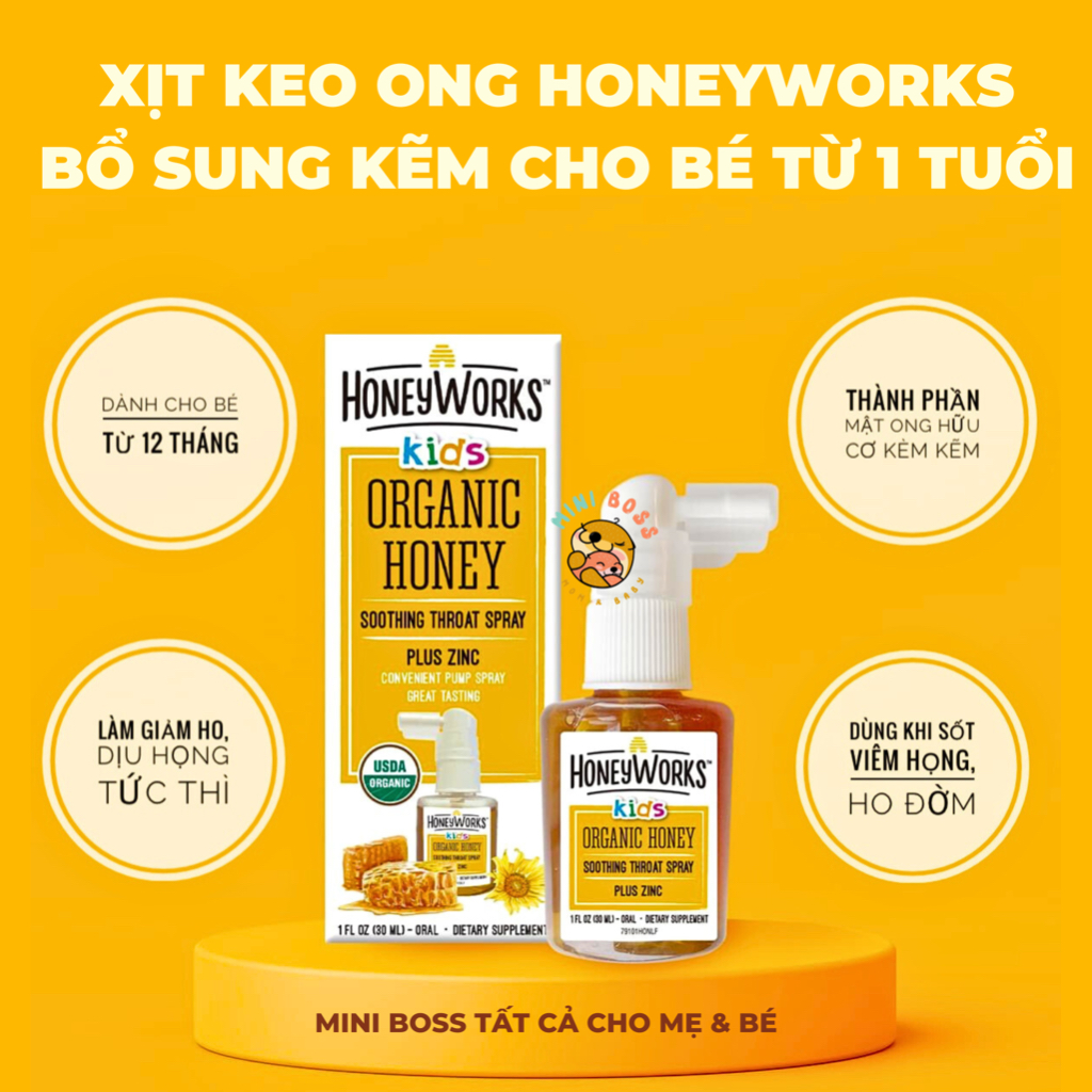 [Date 2027]Xịt họng keo ong Honey Works hữu cơ có chứa kẽm cho bé từ 1 ...