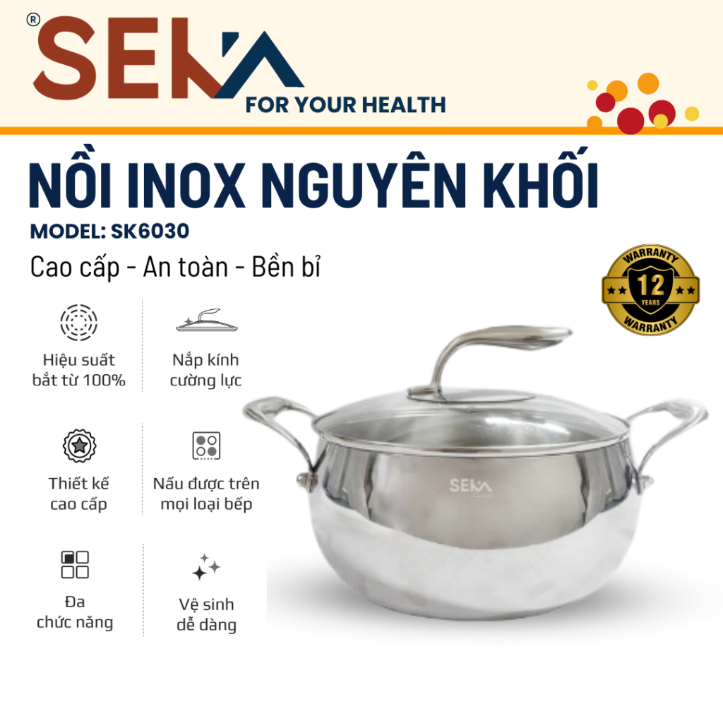 Nồi quánh Inox 304 SEKA SK6070, quánh inox đáy từ có nắp, 2,5 lít đáy 5 ...