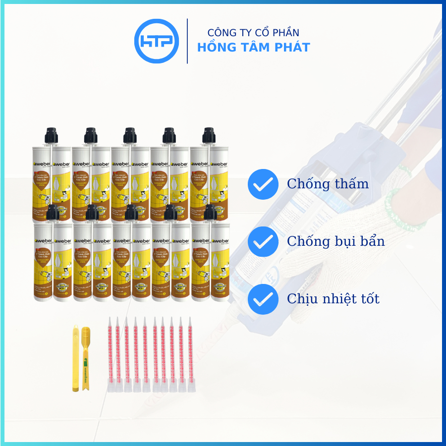 Combo 10 chai ron Weber kèm 10 vòi trộn, 1 cây vuốt góc, 1 cây vuốt ron ...