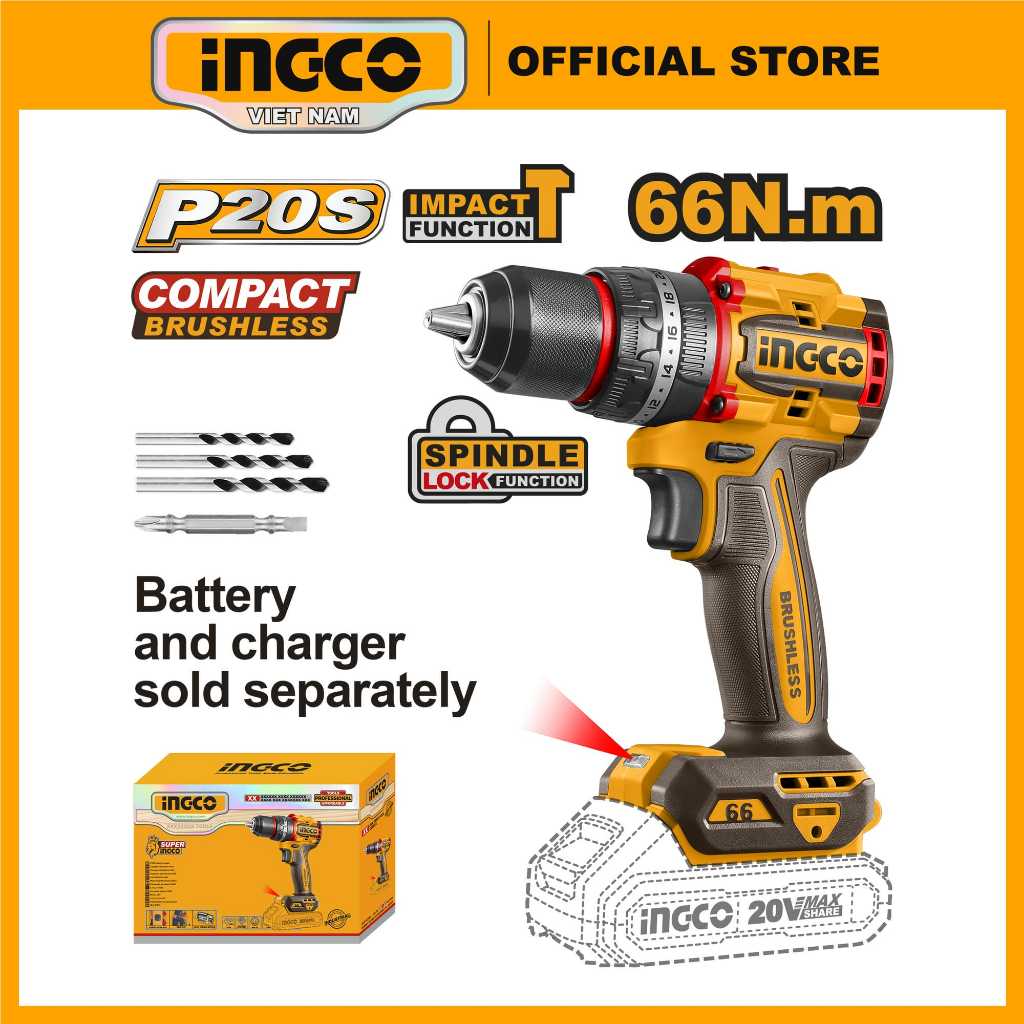 Máy khoan pin ingco 20V có búa 3 chức năng motor không chổi than 66Nm Body CIDLI206681 | Full bộ ...