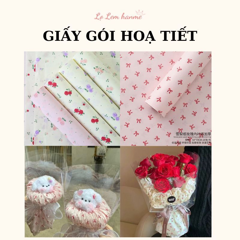 Tập 20 tờ Giấy nhăn họa tiết hoa nhí, nơ, giấy lót, mếch nến, giấy vò ...