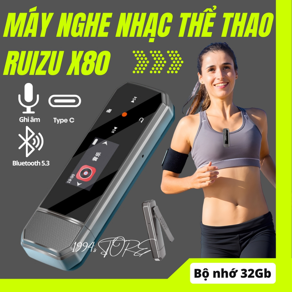 Ruizu X80 Máy nghe nhạc thể thao có kẹp áo kiêm máy ghi âm siêu nhỏ gọn ...