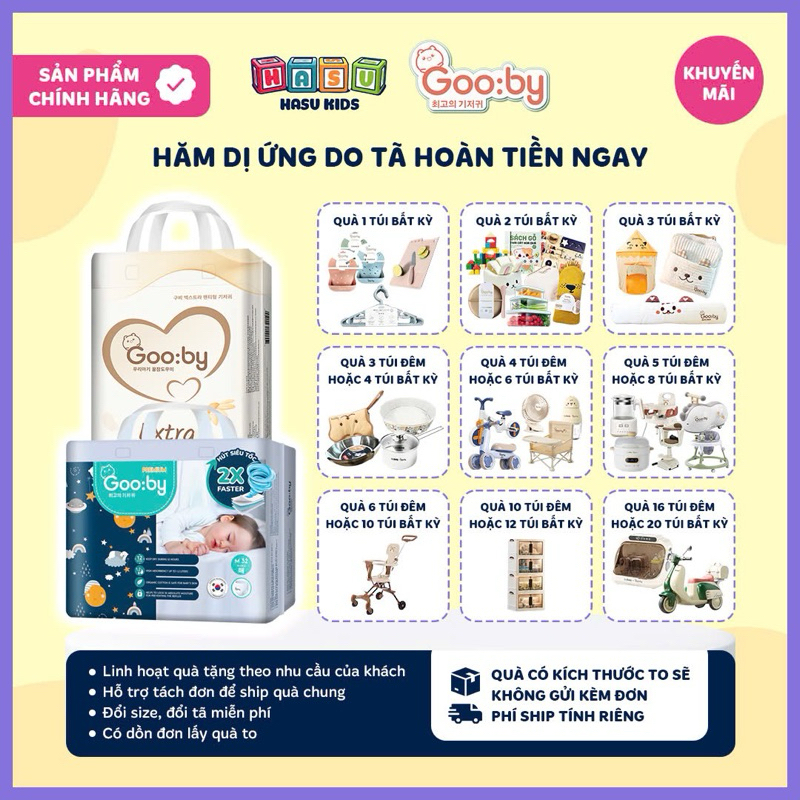 Tã/bỉm quần dán Gooby Extra mẫu mới cải tiến NB66/S52/M58/L52/XL50/XXL46/3XL38 cho bé từ 6kg ...