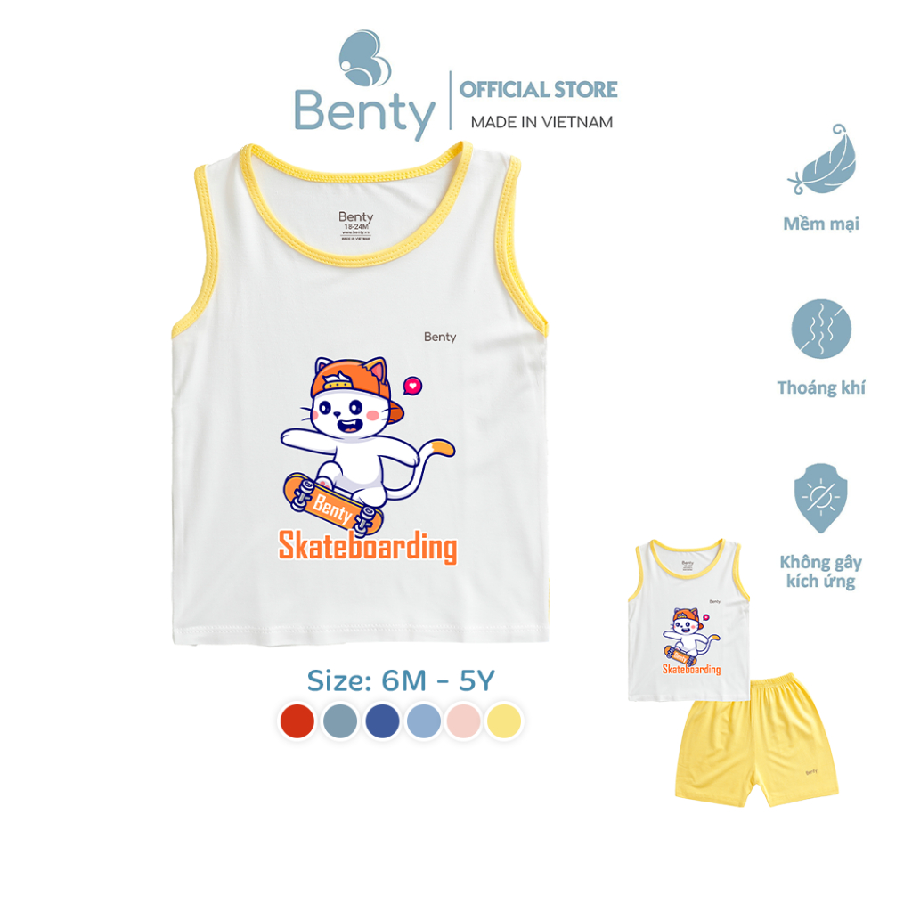 Bộ ba lỗ phối viền năng động BENTY in hình CAT BT102, chất liệu cao cấp thấm hút mồ hôi tốt cho ...