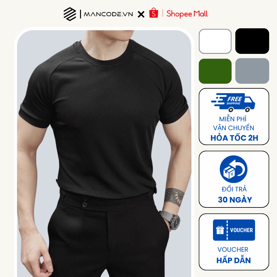 Áo thun nam MANCODE sợi gân cổ tròn ôm body AT06 | Shopee Việt Nam