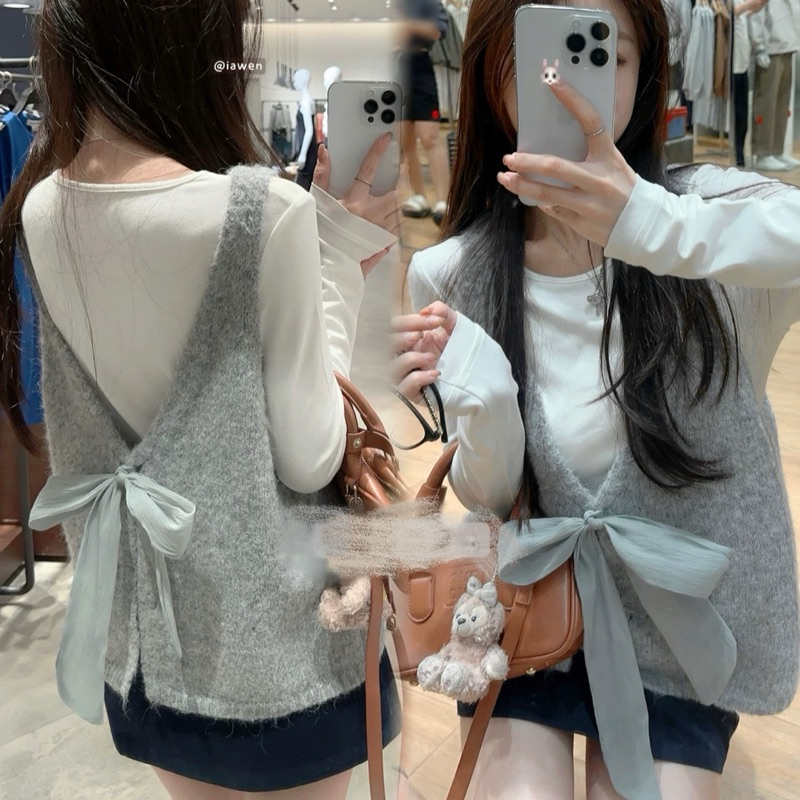 [ẢNH THẬT] SẴN Áo len ghile hai dây cổ V khoét sâu cột nơ siêu xinh dịu ...