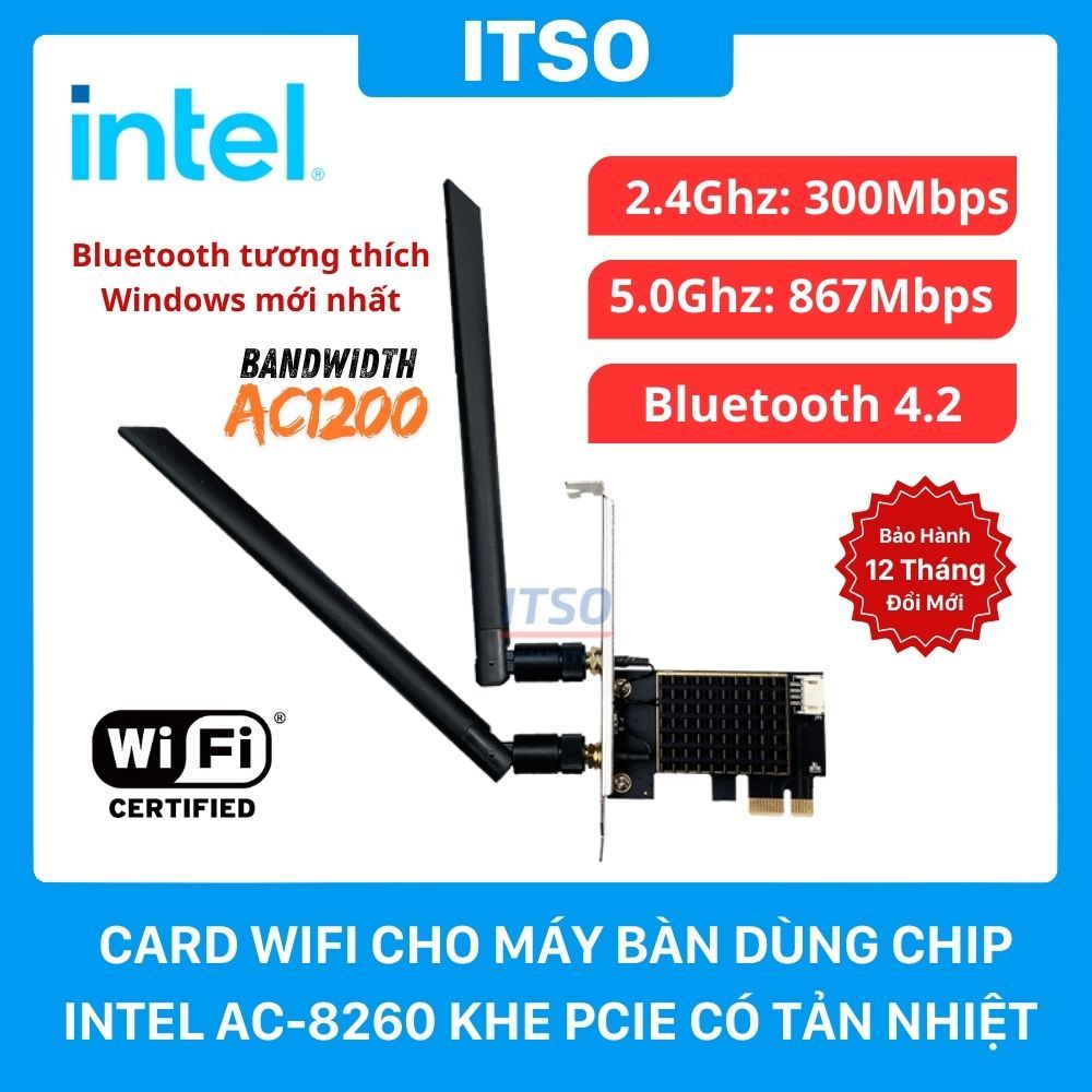 Card WIFI Bluetooth Intel AC-8260 kèm bộ chuyển PCIe có tản nhiệt ...