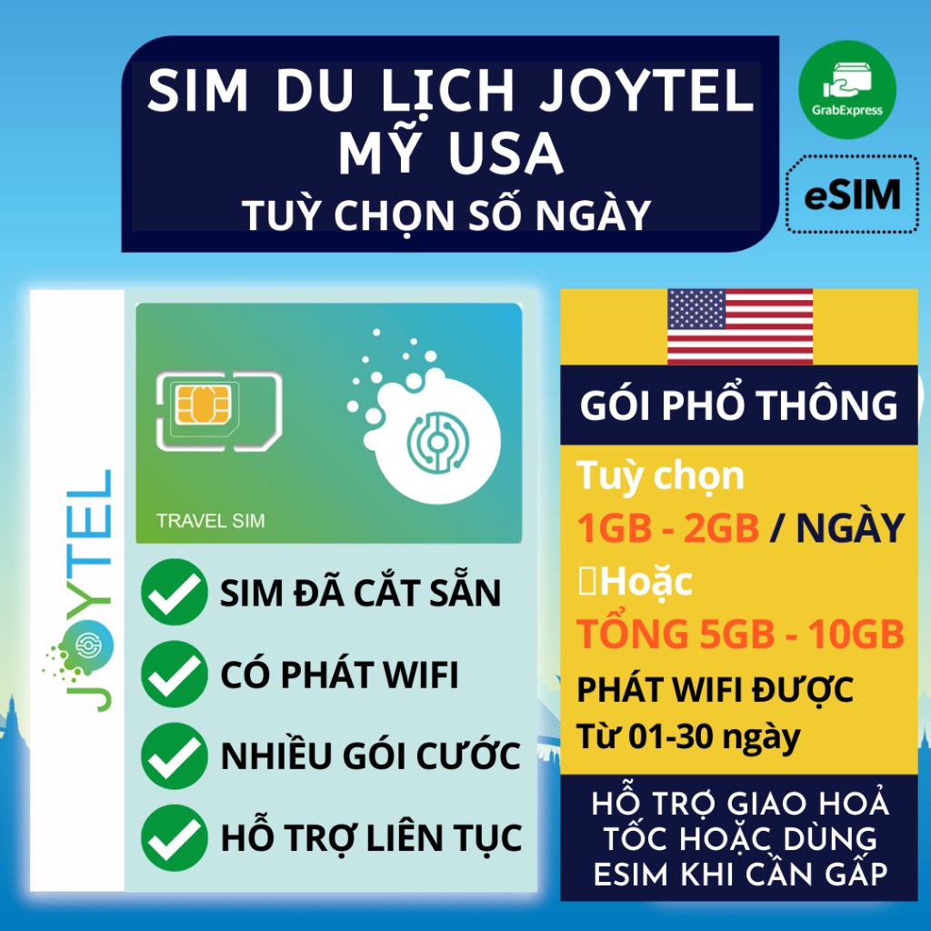 Sim du lịch Mỹ USA Không giới hạn dung lượng tốc độ 4G dùng mạng Joytel ...