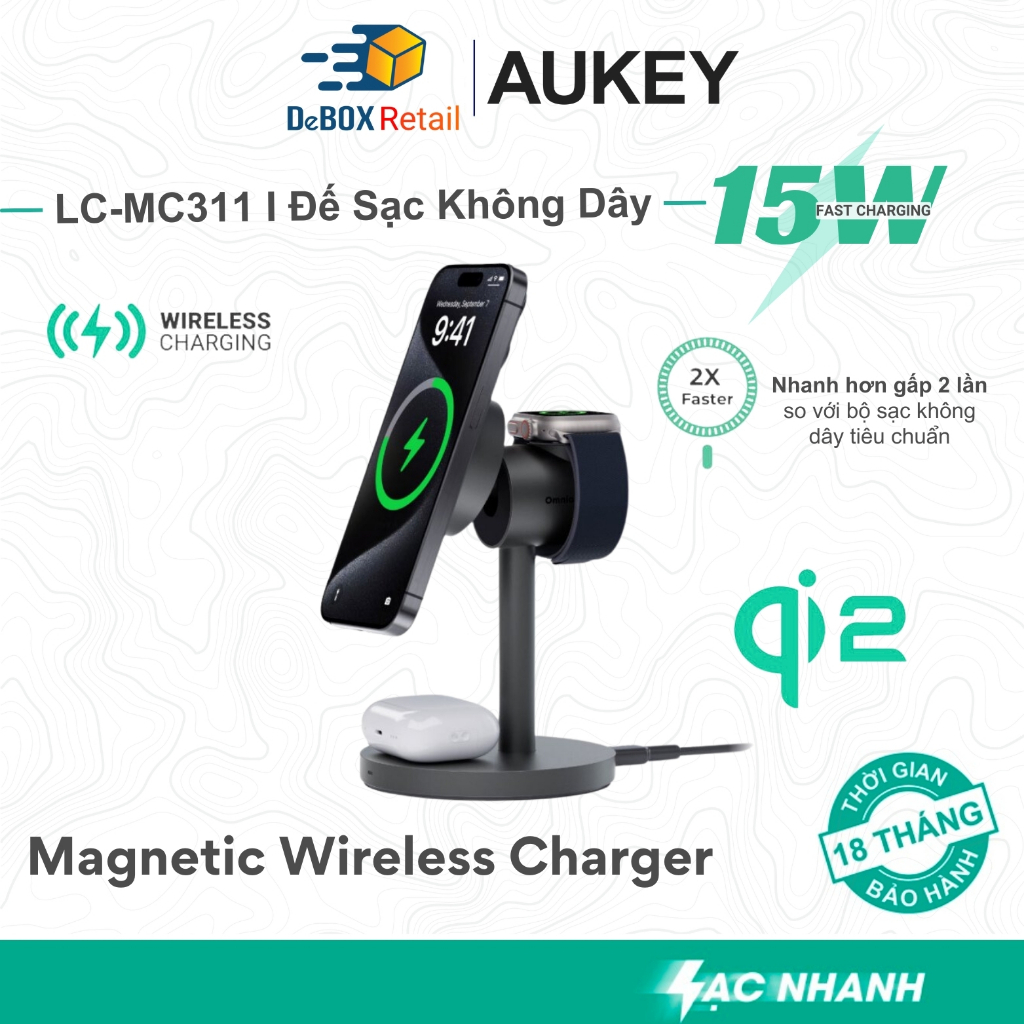 Đế sạc nhanh đa năng không dây hít từ tính 3 in 1 AUKEY LC-MC311 MagFusion Qi2 15W - Hàng chính ...