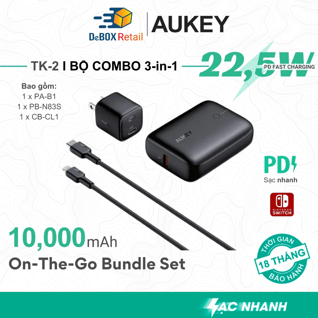 COMBO Bundle ON-THE-GO 3 trong 1 AUKEY TK-2 AUKEY (SDP N83S 10.000mAh, Cốc B1 20W, Cáp PD CL1 ...