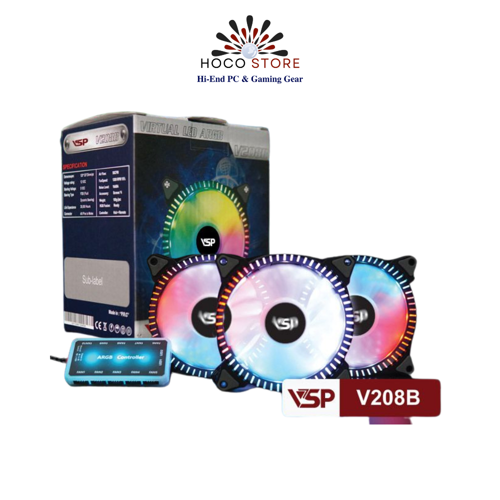 QUẠT TẢN NHIỆT FAN VSP BỘ 3 FAN + HUB LED ARGB V208B - FAN LED ARGB V208 l Hoco Store PC ...