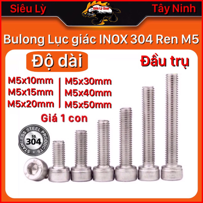 Bulong Ốc lục giác INOX 304 Ren M5 - Đầu trụ (đk ren 5li, khoá LG 4li ...