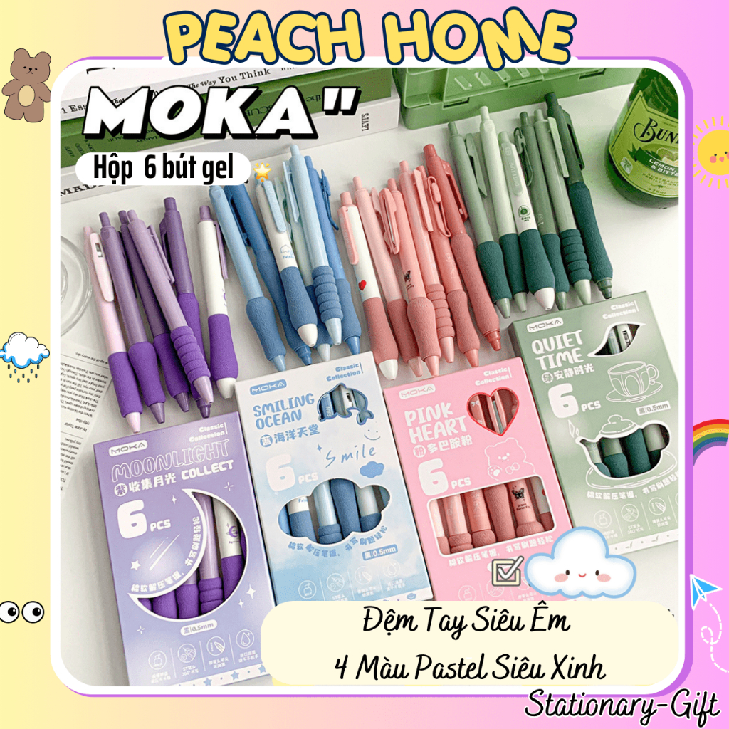 {SALE XUYÊN TẾT} Hộp 6 Bút Bi Bấm 0.5mm MOKA Đệm Tay Xịn Xò Mực Nước ...